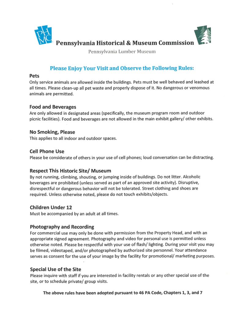 Site Rules – Pennsylvania Lumber Museum